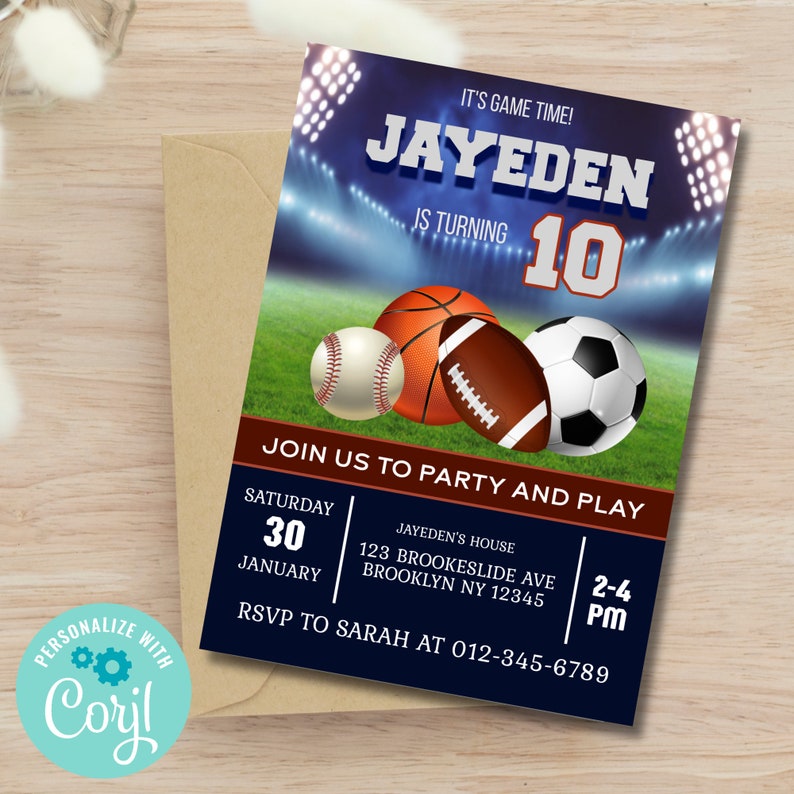 Sports Birthday Printable Invitation, All Stars Sports Basketball ...