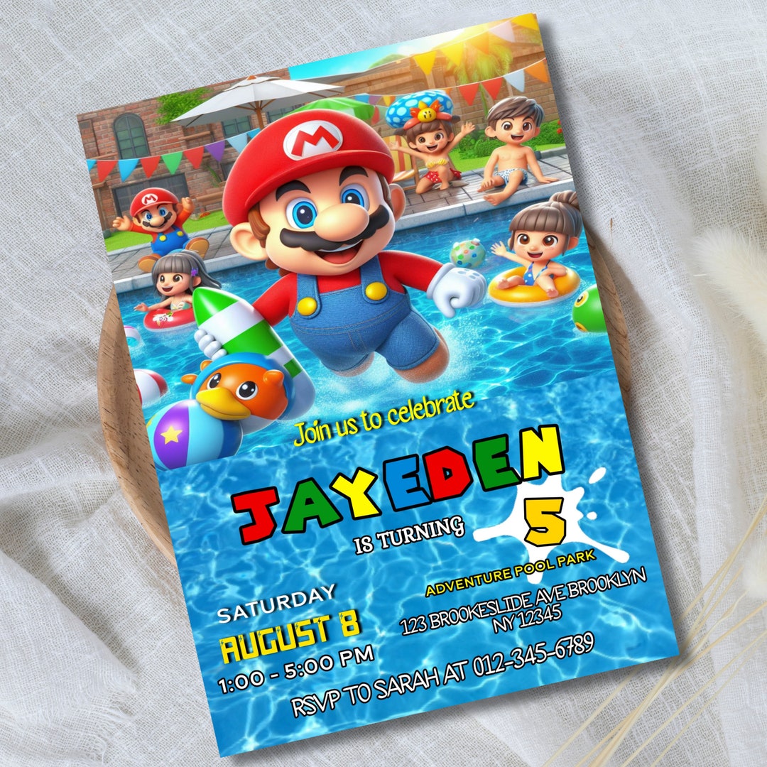 Super Mario Pool Birthday Invitation, Super Mario Pool Party Invitation ...