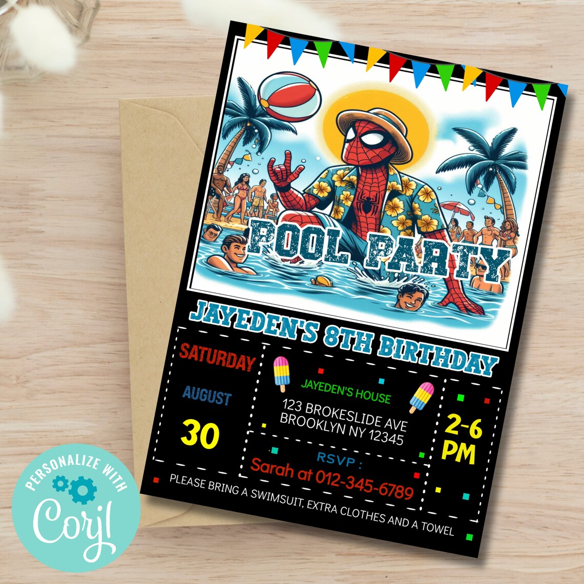 Spiderman Pool Party Birthday Invite, Kids Summer Pool Party Spiderman ...