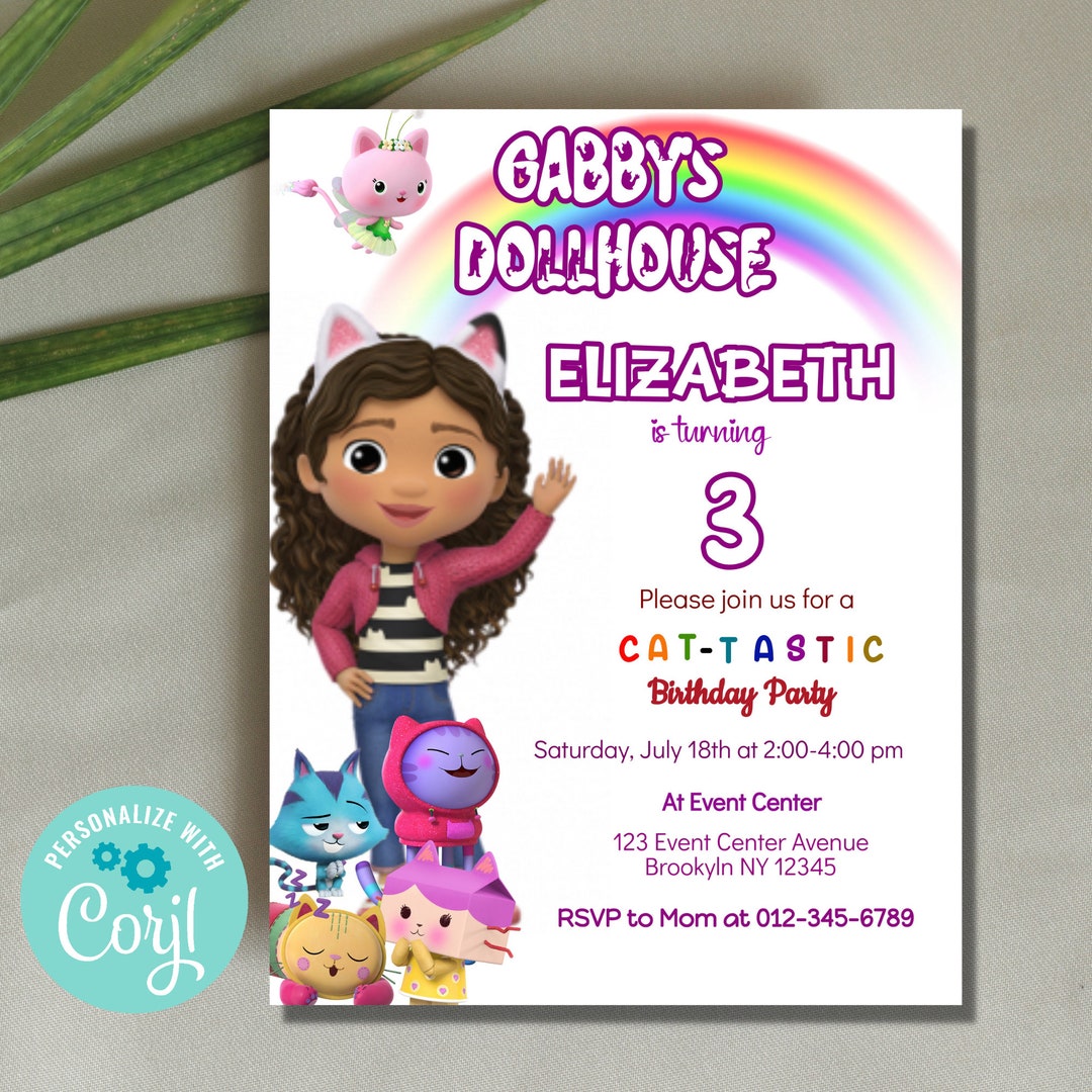Gabby's Dollhouse Digital Birthday Party Invitation, Colorful Gabby ...