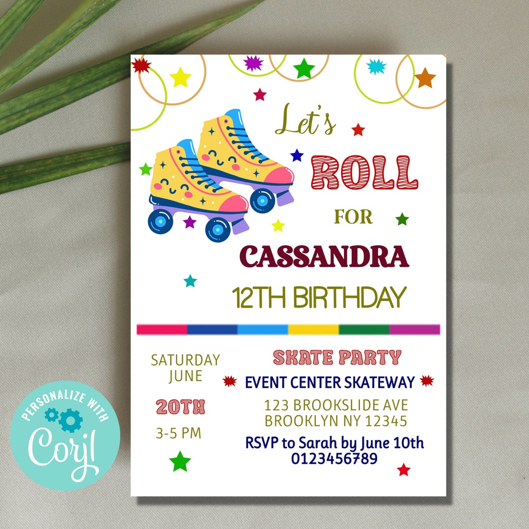 Digital Roller-skating Birthday Party Invitation, Roller-skating Disco Party, Skate Boarding ...