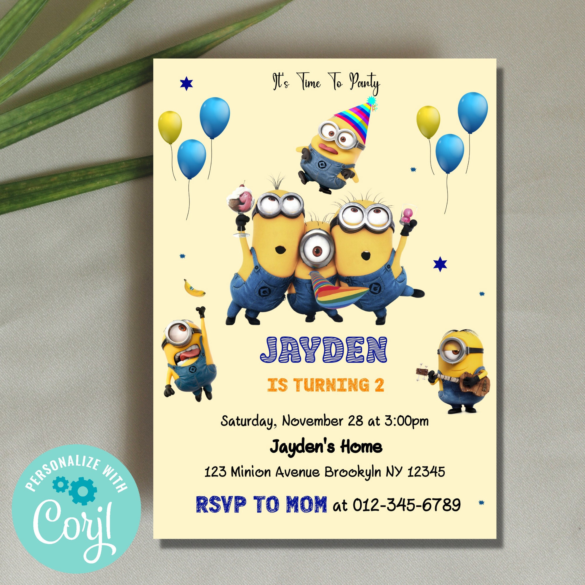 Minion Digital Birthday Invitation, Minion Cartoon Theme Birthday Party ...