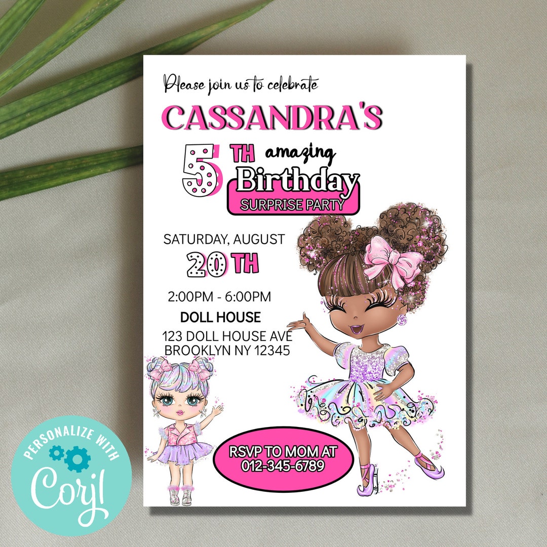 Doll Birthday Digital Invitation, Cute Dolls Birthday Cards, Editable ...