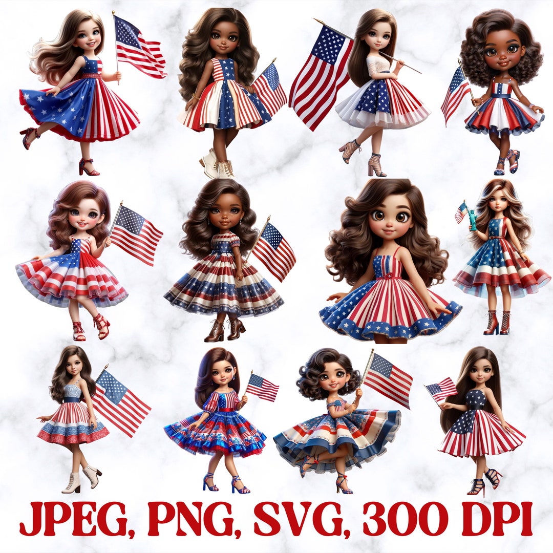4th of July Girls Clipart, Independence Day PNG Clipart, Cute Doll ...