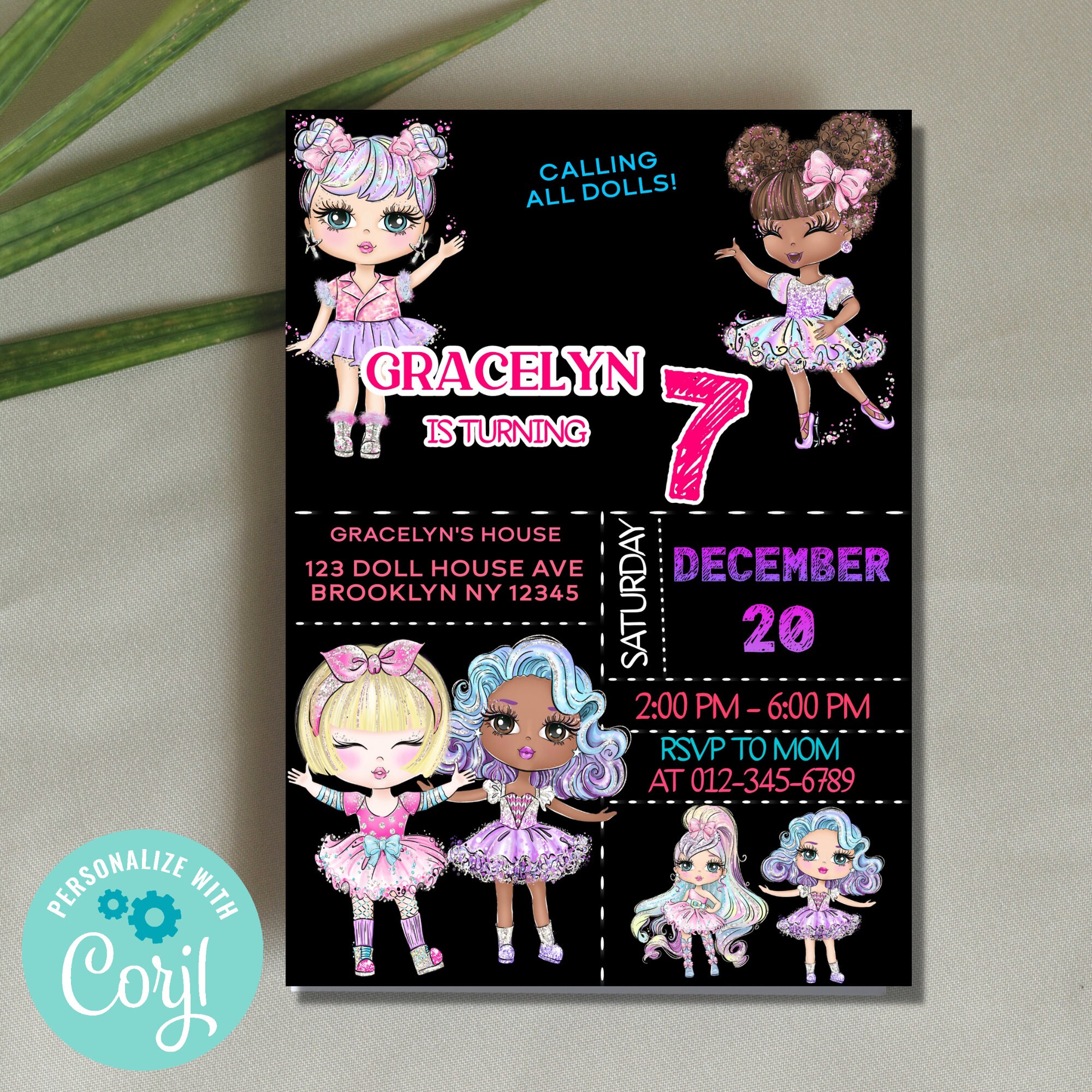 Doll Birthday Digital Invitation, Cute Dolls Birthday Cards, Editable ...