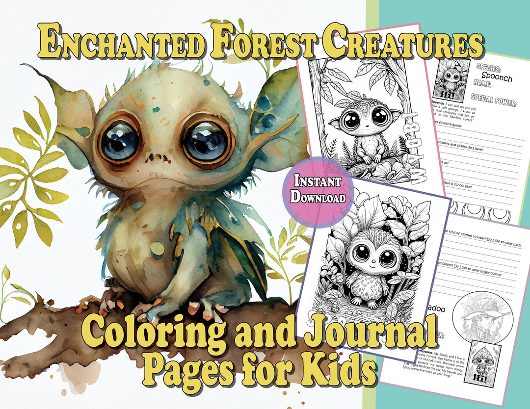 Enchanted Forest Creatures Coloring Book Kids Journal Printable Pages ...