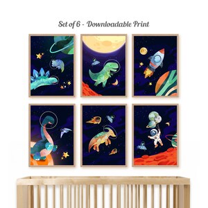 Space Dinosaur Wall Art, Set of 6 Dinosaur Prints, Dinosaur Nursery ...