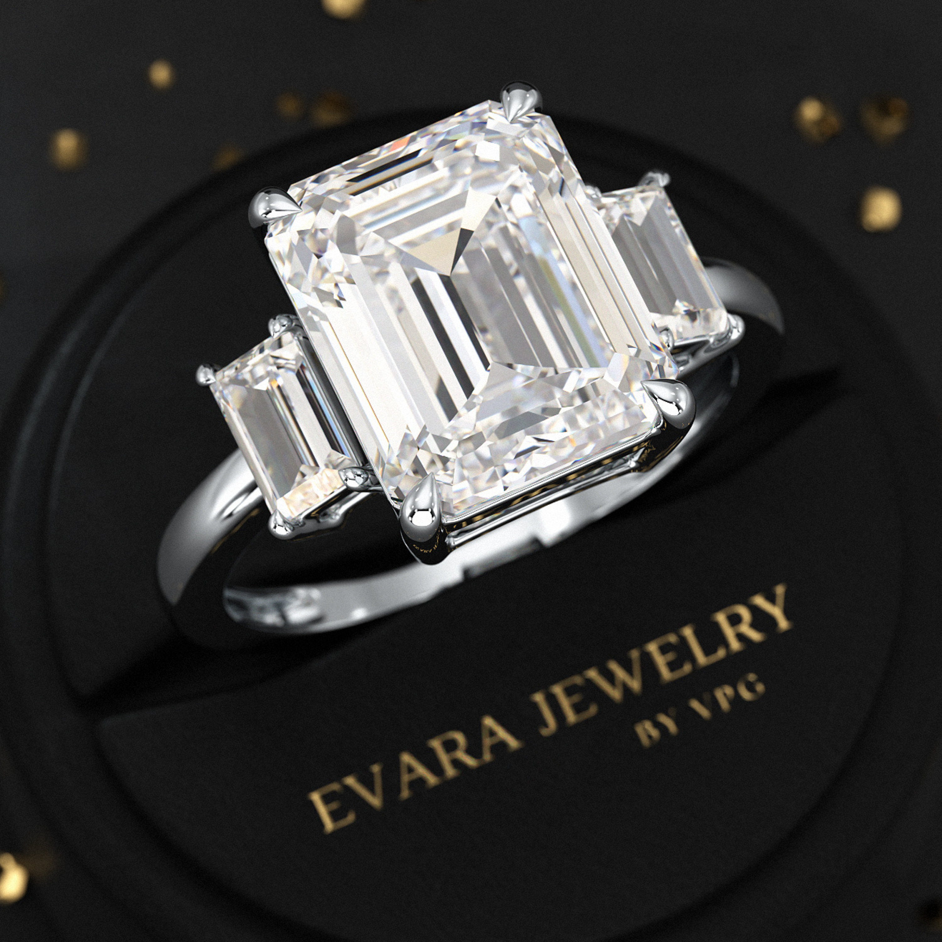 5 Carat Emerald Cut Lab Grown Diamond Engagement Ring | Three Stone ...