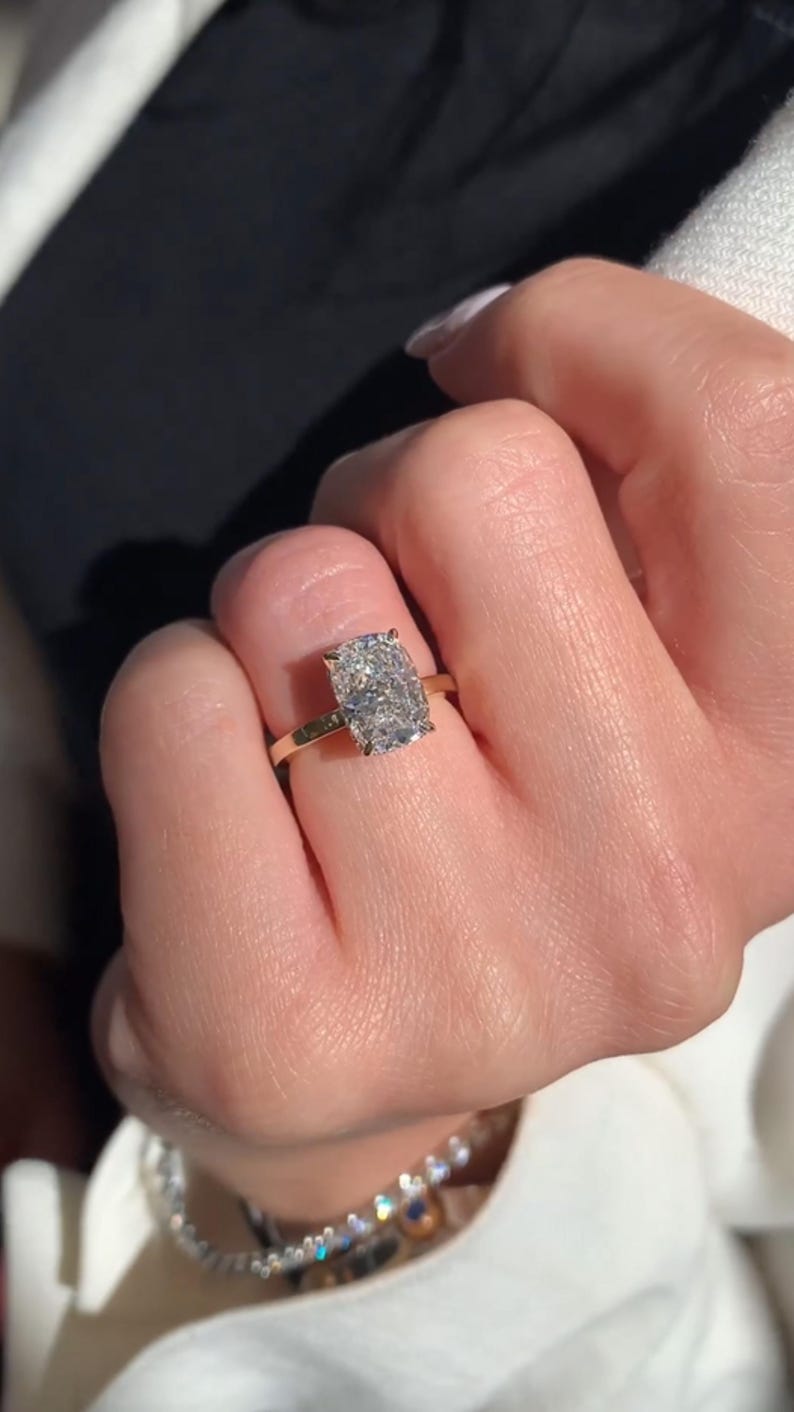 2 Carat Elongated Cushion Cut Minimalist Engagement Ring Hidden Halo ...