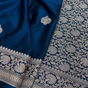 Pure Handloom German Blue Light Weight Soft Katan Silk Banarasi Saree ...