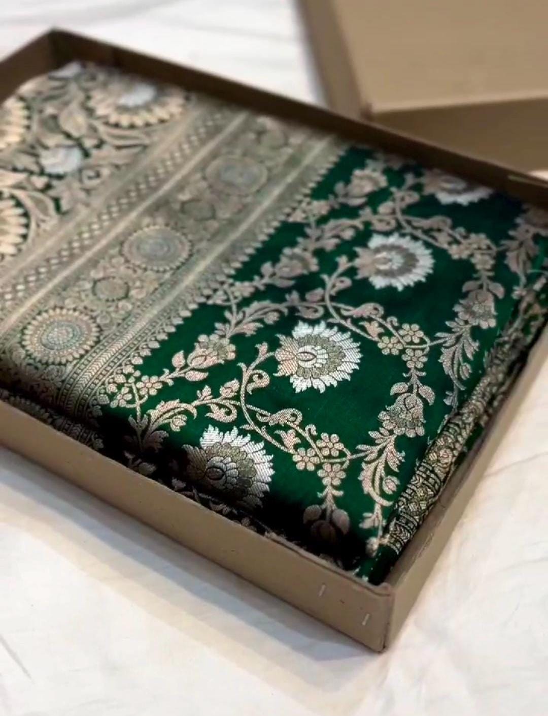 Pure Handloom Bottle Green Bridal Banarasi Katan Silk Saree With ...