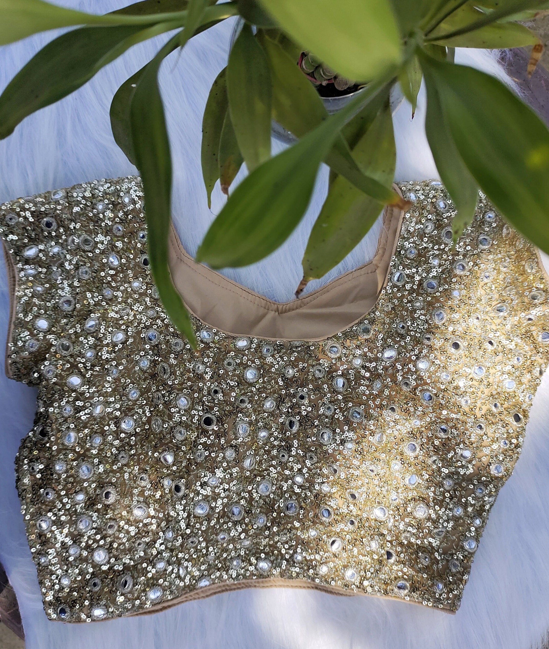 Heavvy Plastic Mirror and Gold Sequin Work Padded Blouse With Side ...