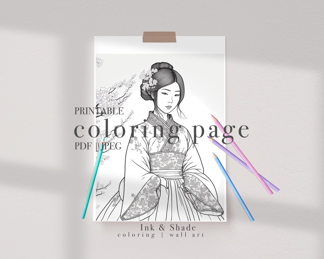 Hanbok Girl 8 Coloring Page for Adults Grayscale Coloring Page Instant ...