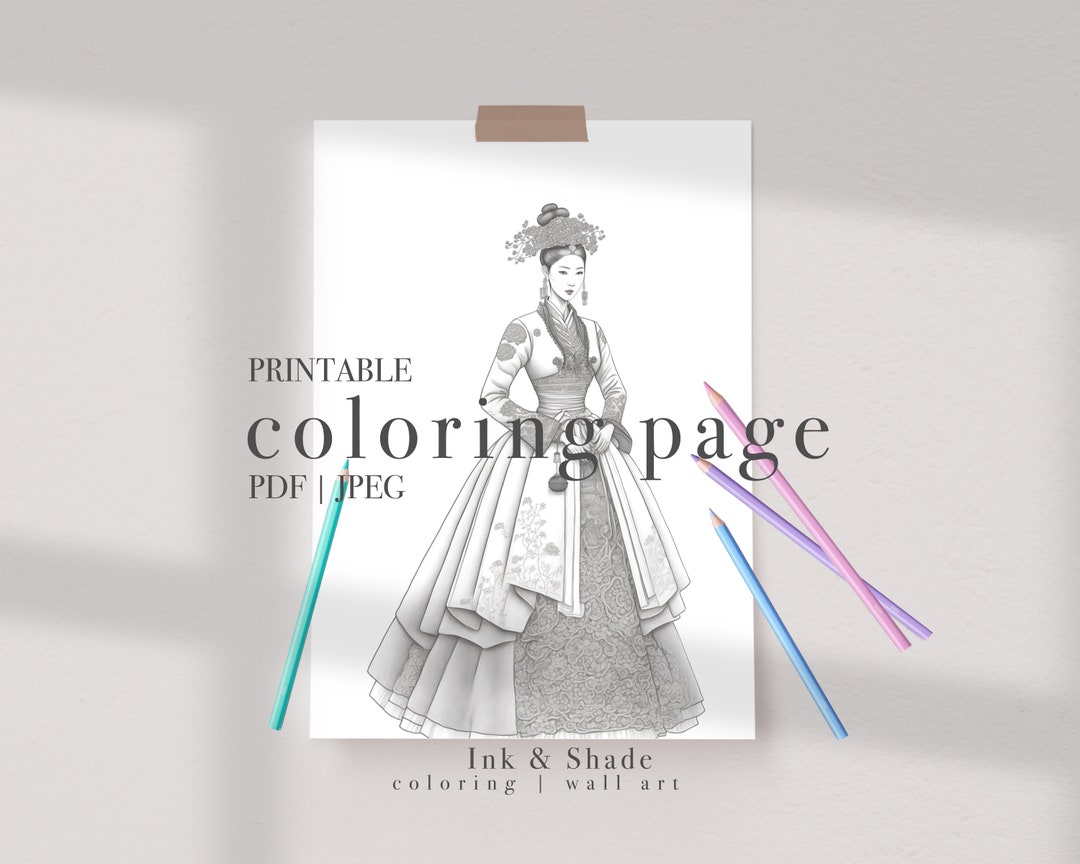 Hanbok Girl 6 • Coloring Page for Adults • Grayscale Coloring Page ...