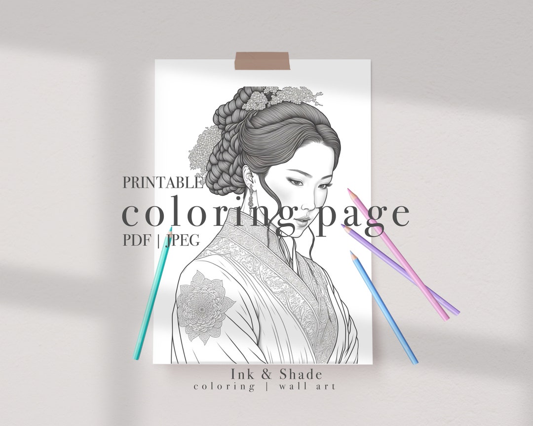 Hanbok Girl 12 Coloring Page for Adults Grayscale Coloring - Etsy
