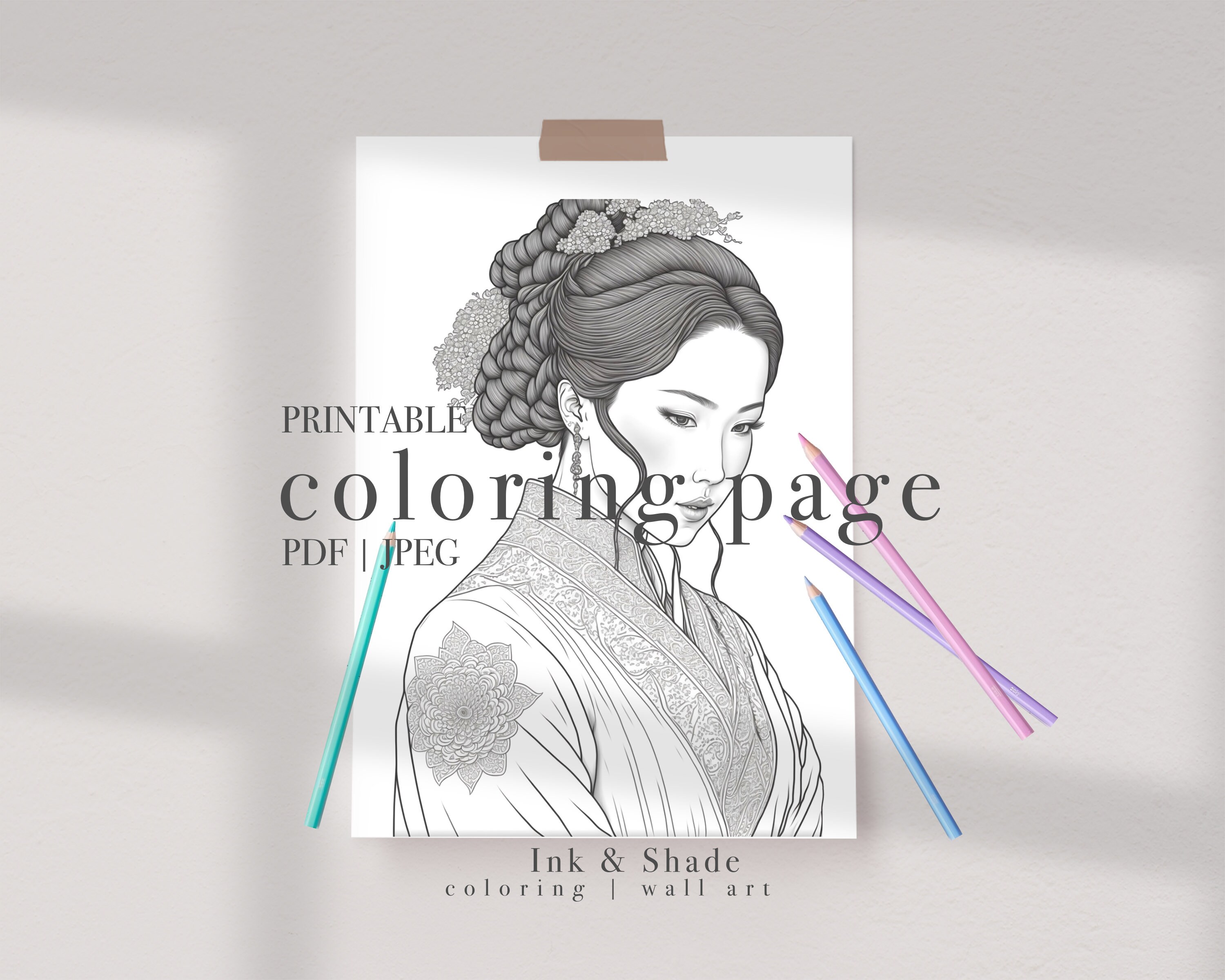 Hanbok Girl 12 Coloring Page for Adults Grayscale Coloring - Etsy