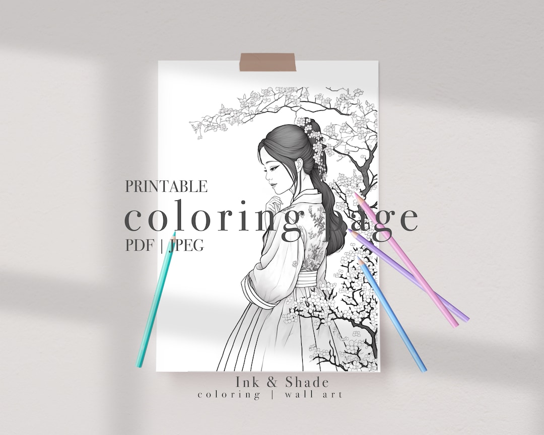 Hanbok Girl 10 Coloring Page for Adults Grayscale Coloring Page Instant ...
