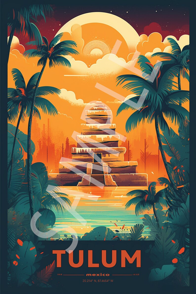 Tulum Mexico Retro Travel Poster Digital Artwork | Print at Home | Wall ...