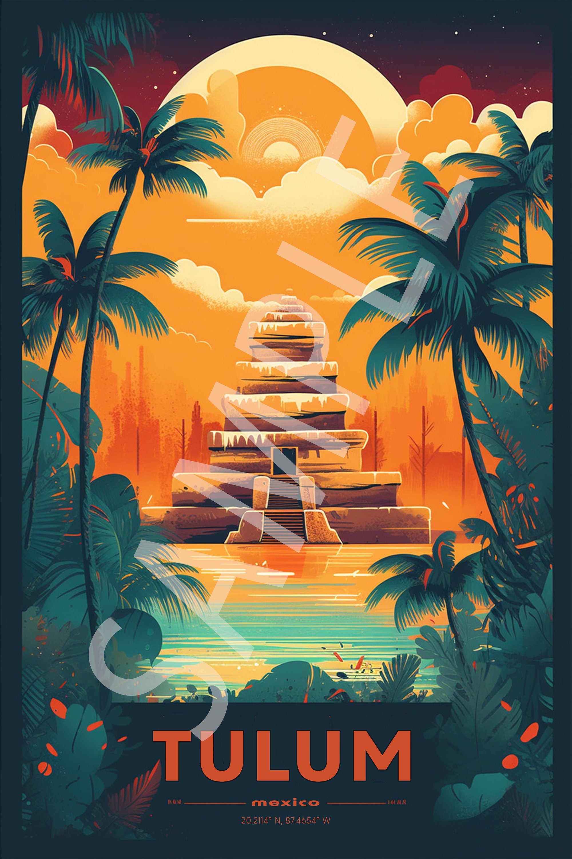 Tulum Mexico Retro Travel Poster Digital Artwork | Print at Home | Wall ...