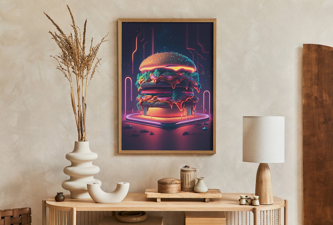 Futuristic Neon Burger Cyberpunk Print Digital Artwork Print at Home ...
