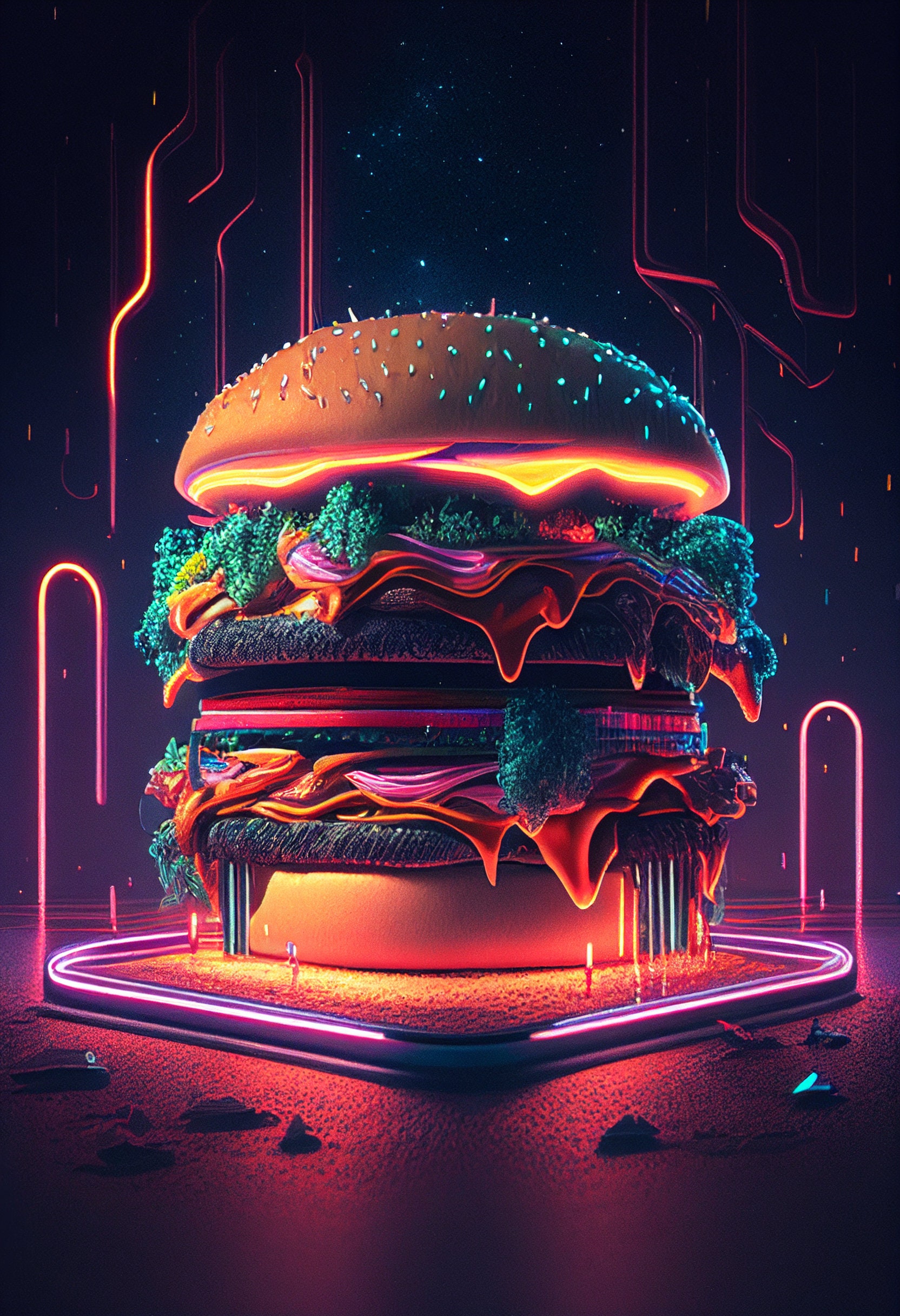 Futuristic Neon Burger Cyberpunk Print Digital Artwork Print at Home ...