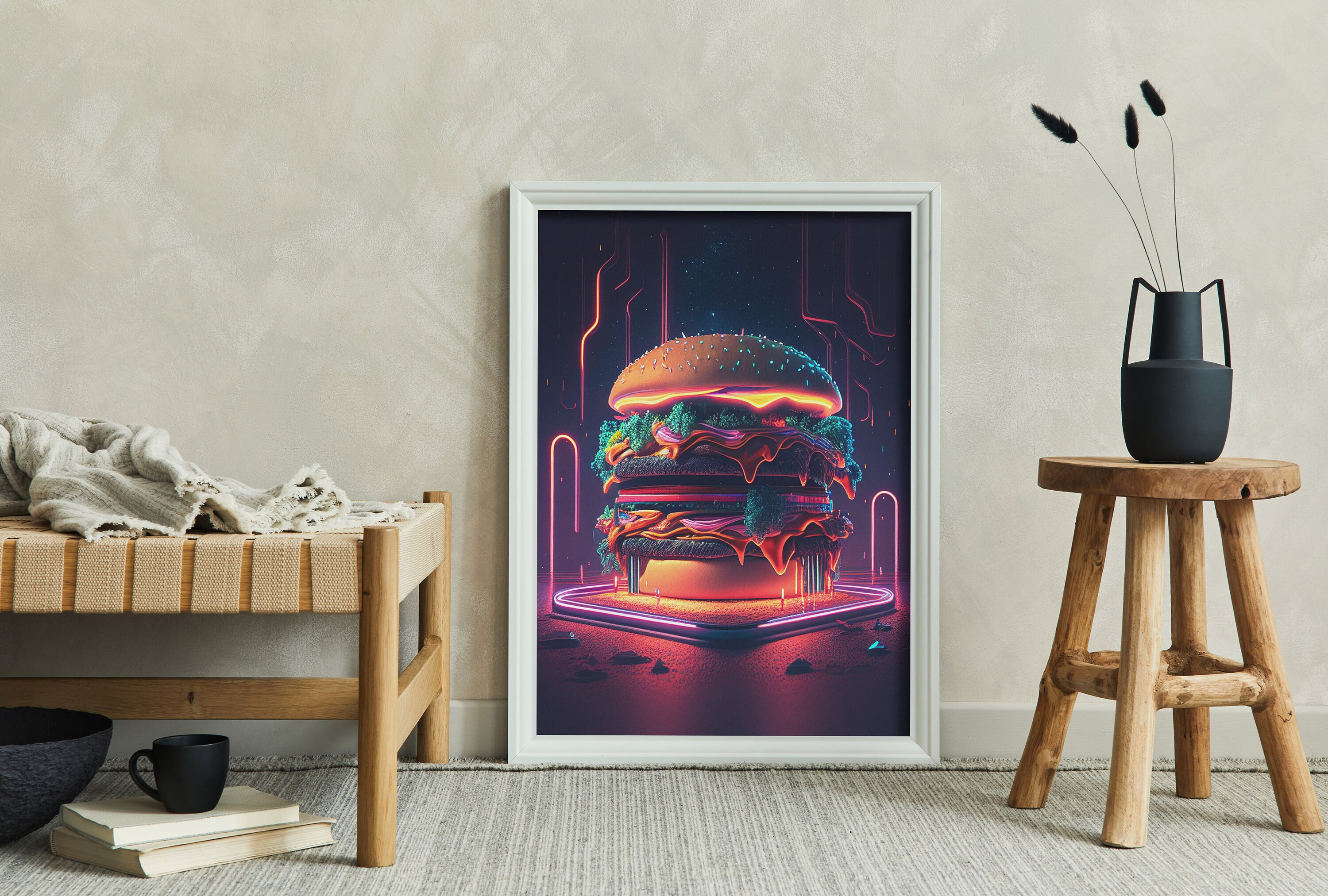Futuristic Neon Burger Cyberpunk Print Digital Artwork Print at Home ...