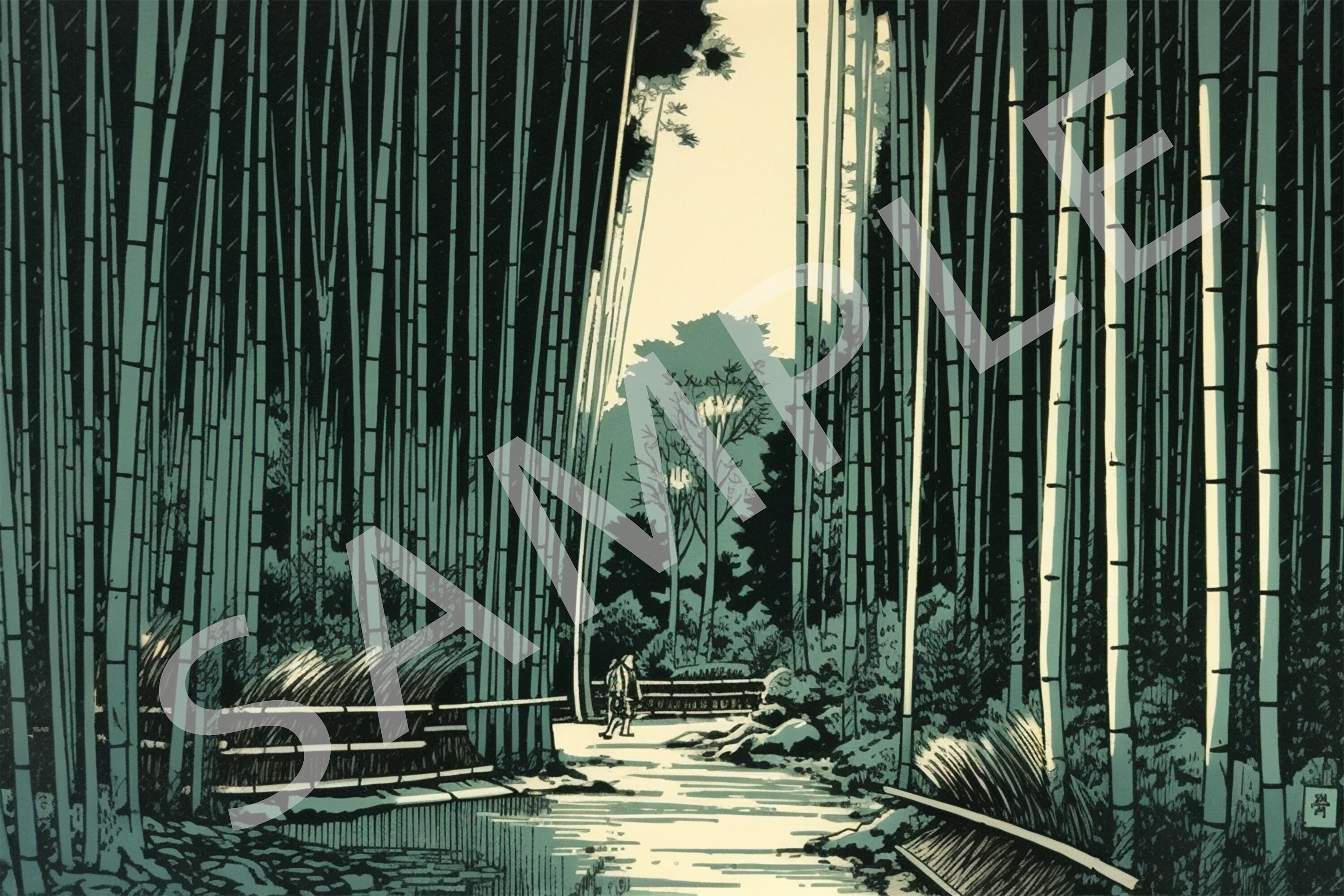 Vintage Linocut Print of Arahiyama Bamboo Grove Travel Poster Print at ...