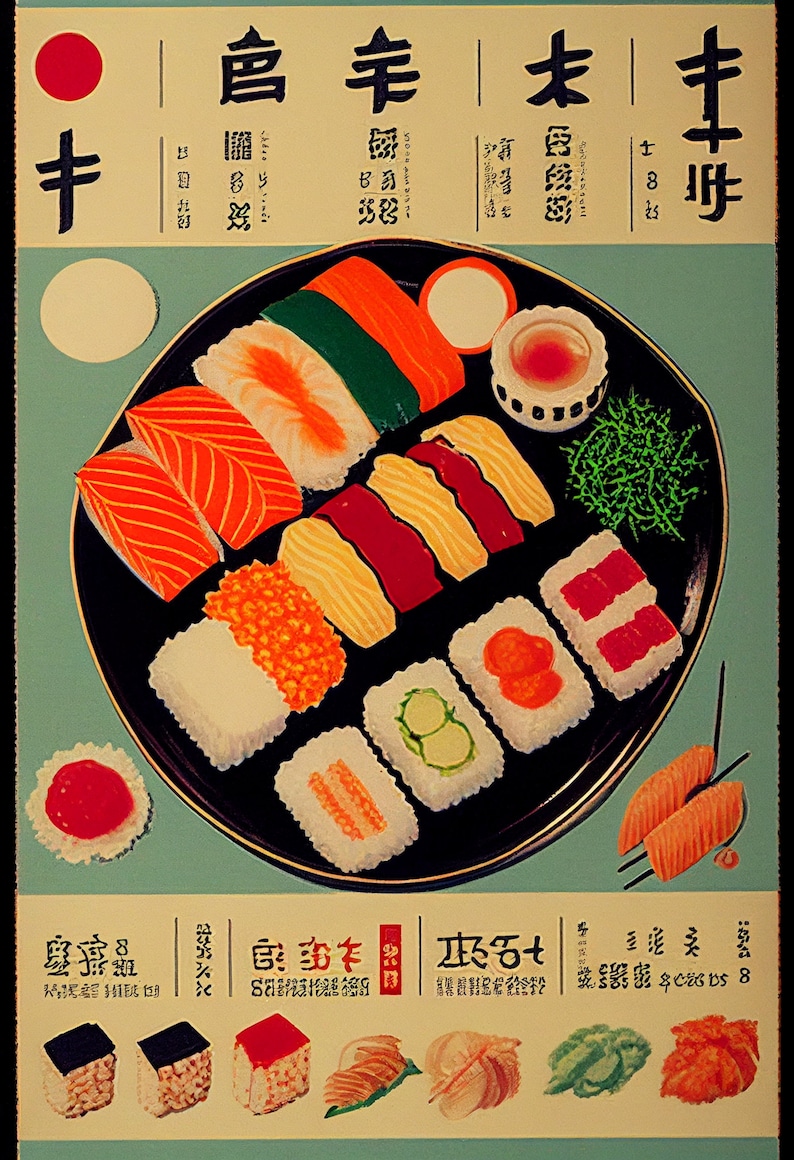 Japanese Kanji Sushi Seafood Poster, Salmon Sushi Lovers Wall Art Print ...