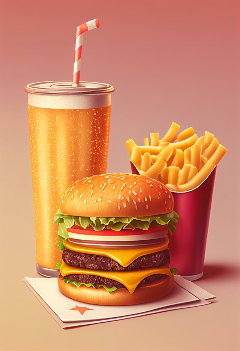 Retro Burger and Fries Fast Food Print Digital Artwork | Print at Home ...