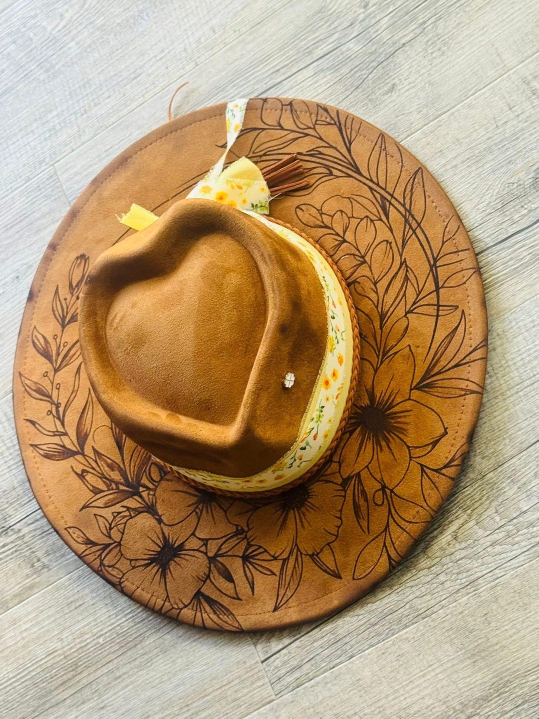 Boho Wildflowers and Heart Crown Burnt Pyro Fedora Hat: Handpainted ...