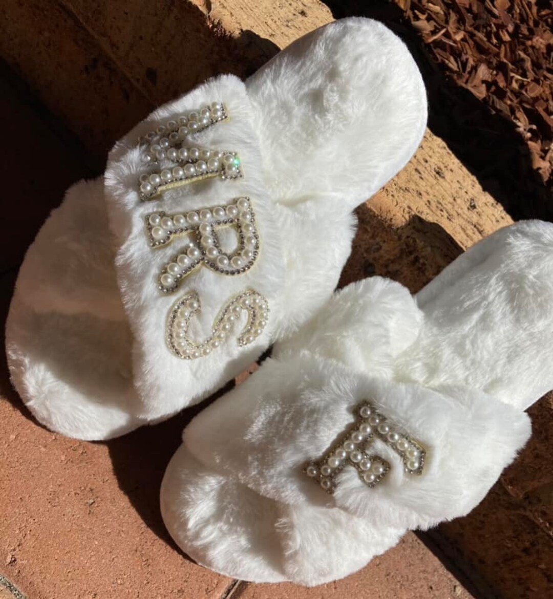 Fluffy / Plush/ Customised Pearl Bridal Slippers Perfect for Your ...