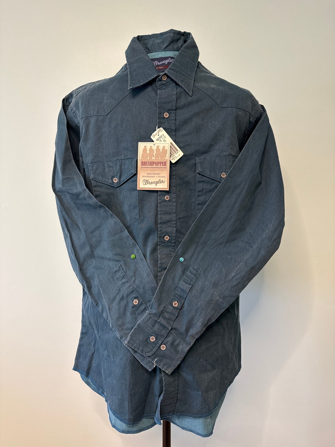 Vintage Wrangler Brushpopper Dark Navy Blue Men's Shirt Button up NWT ...