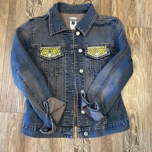 Unique Hand Painted Bumble Bee Blue Denim Gap Jean Jacket Rhinestones ...
