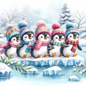 Ice Skating Penguins Clipart 10 High Res Watercolor Jpgs Holiday ...