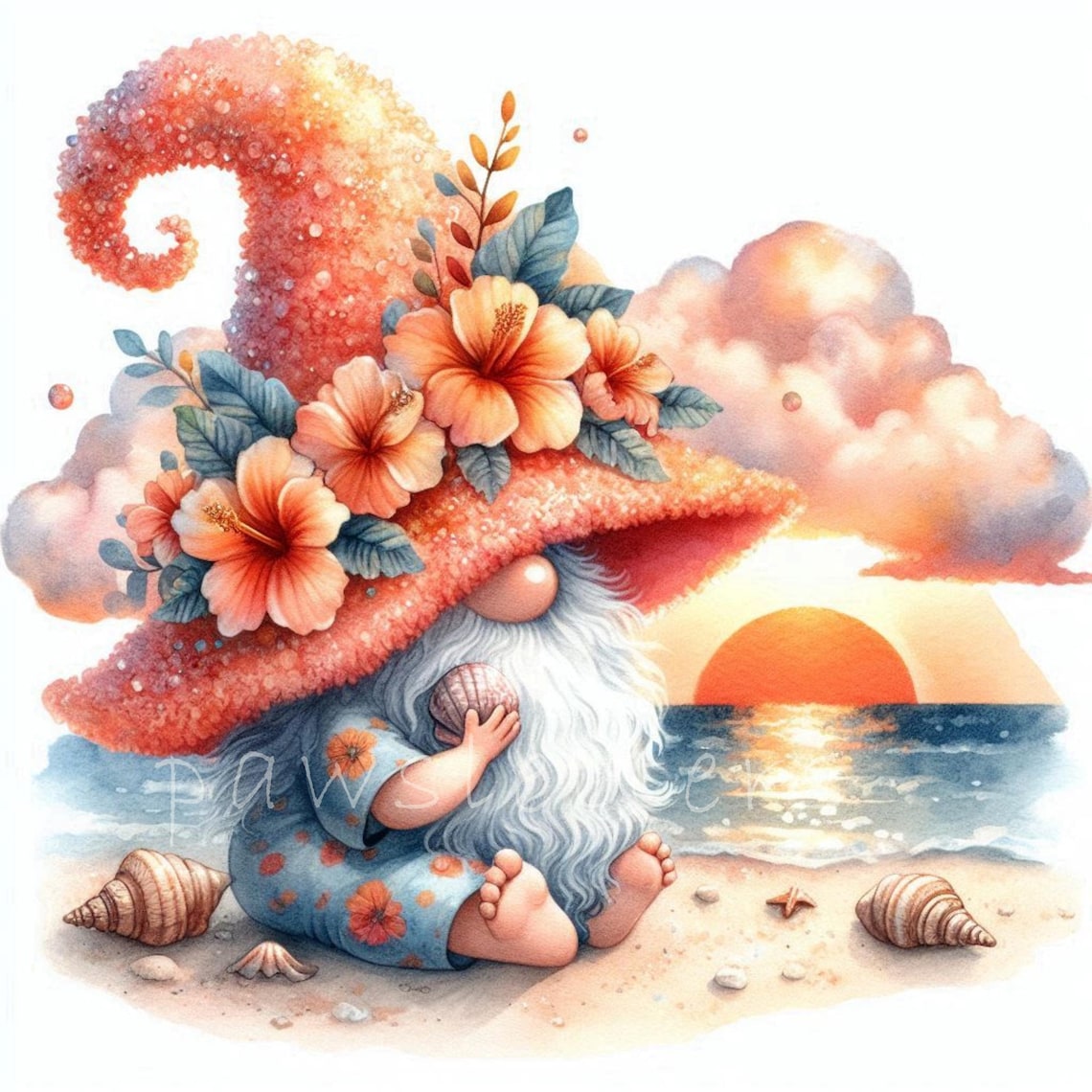 Tropical Sunset Gnome Clipart, 10 High Quality Jpgs, Watercolor Summer ...