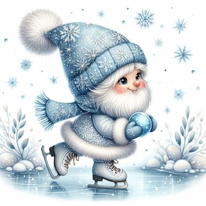 Ice Skating Gnome Clip Art 10 High Res Watercolor Jpgs for Junk Journal ...