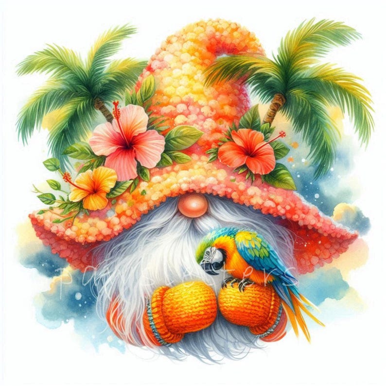 Tropical Sunset Gnome Clipart, 10 High Quality Jpgs, Watercolor Summer ...