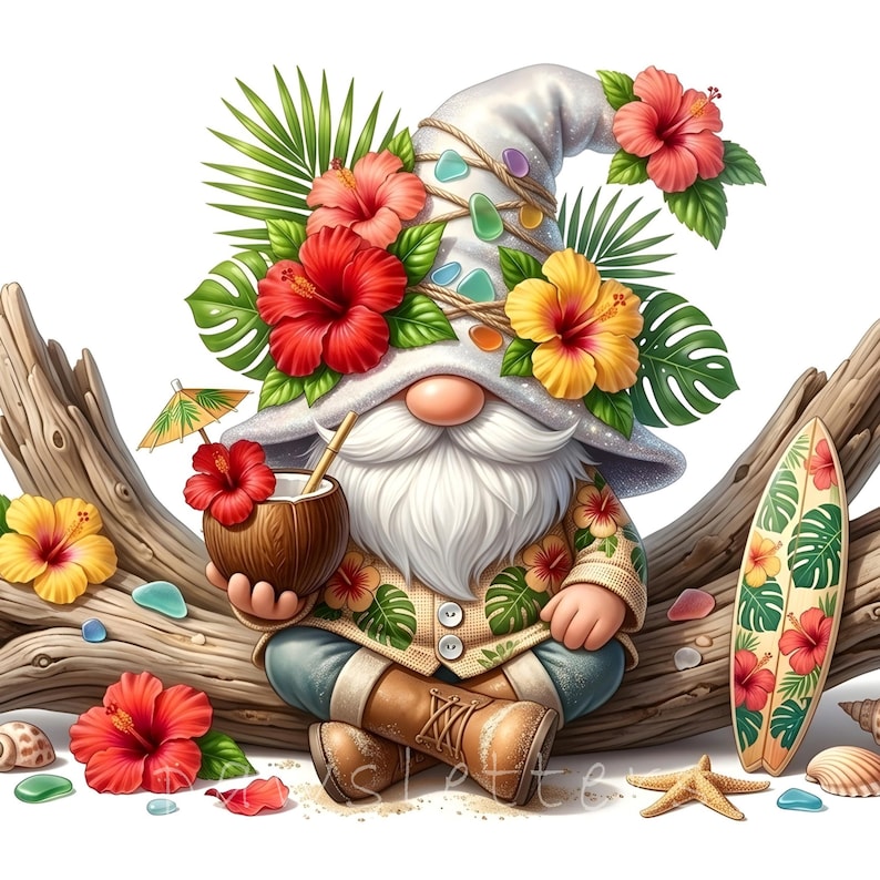 Watercolor Tropical Beach Gnome Clipart - 17 JPG Summer Vacation Gnome ...