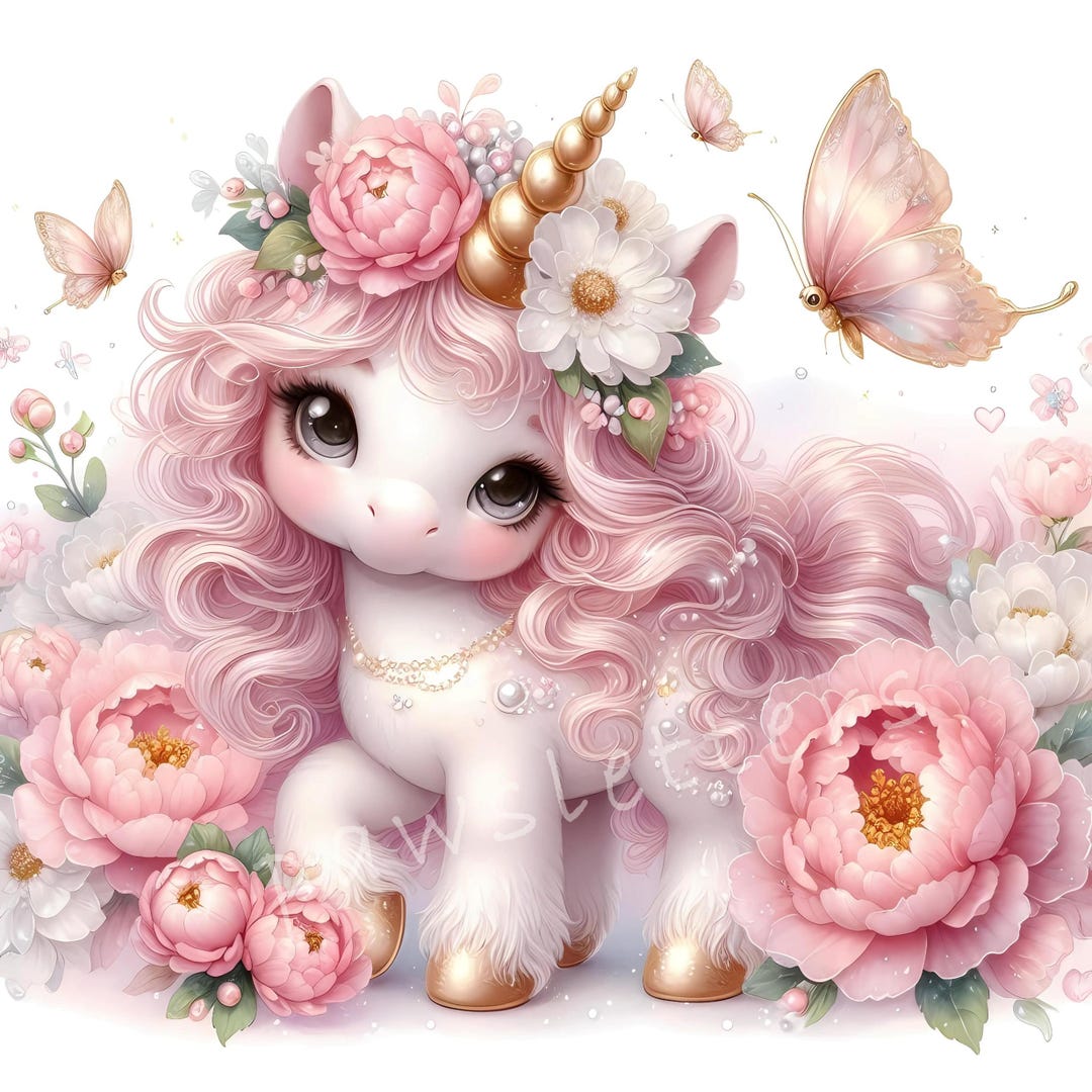 Peony Princess Unicorn Clipart Bundle 10 High Res Jpgs, Watercolor ...
