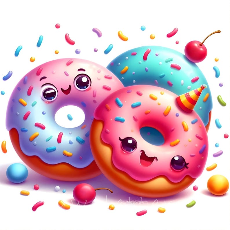 10 JPG Watercolor Donuts Clipart, Sweet Treat Clipart, Kawaii Donut ...