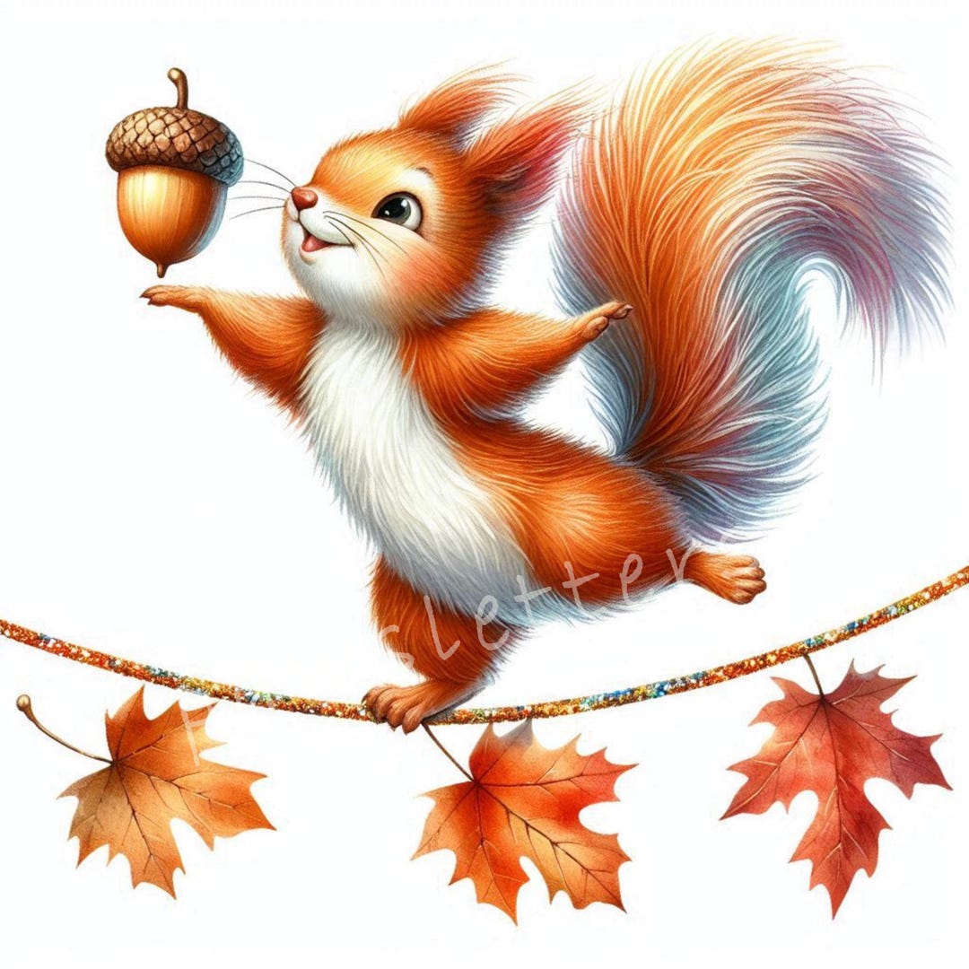 Autumn Squirrel Acrobat Clipart 10 High Res Watercolor Jpgs Cute Forest Animals Printable Art ...