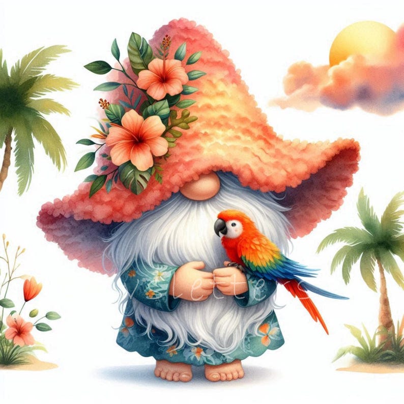 Tropical Sunset Gnome Clipart, 10 High Quality Jpgs, Watercolor Summer ...