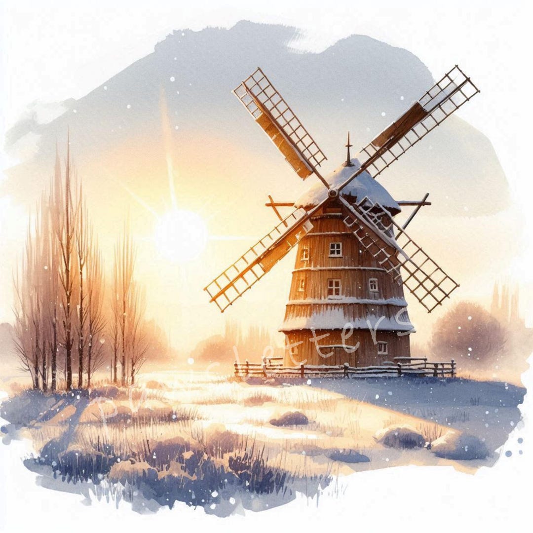 Snow Covered Windmill Clipart 10 High Res Watercolor Jpgs Holiday ...