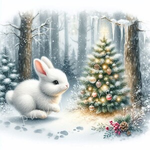 Snowy Rabbit and Christmas Tree Clipart 10 High Res Watercolor Jpgs ...