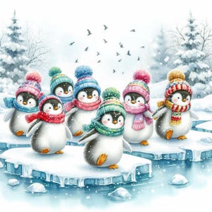 Ice Skating Penguins Clipart 10 High Res Watercolor Jpgs Holiday ...