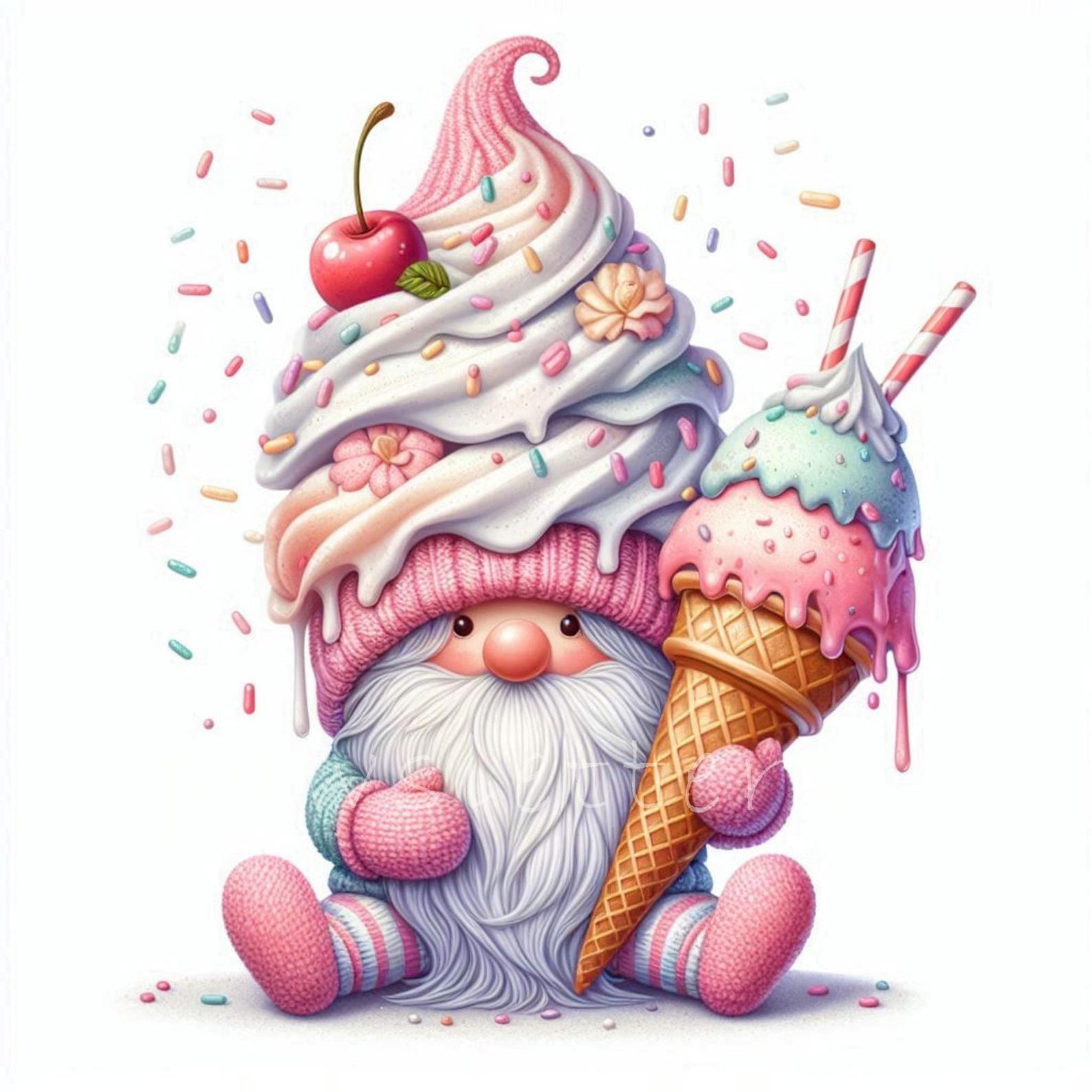 Ice Cream Gnome Clipart, 10 High Quality Jpgs, Watercolor Summer Gnome ...