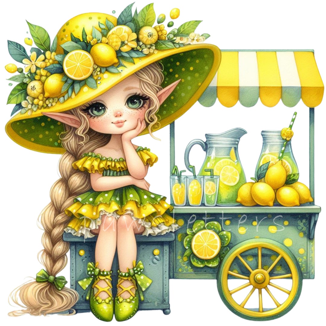 Summer Elves Bundle Clipart, Girl Clipart, 12 PNG Lemon Elf Watercolor ...
