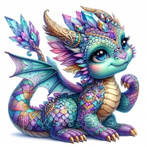 Crystal Crowned Patchwork Dragon Clipart | 10 High Quality 300 DPI Jpegs | Quilted Baby Dragons ...