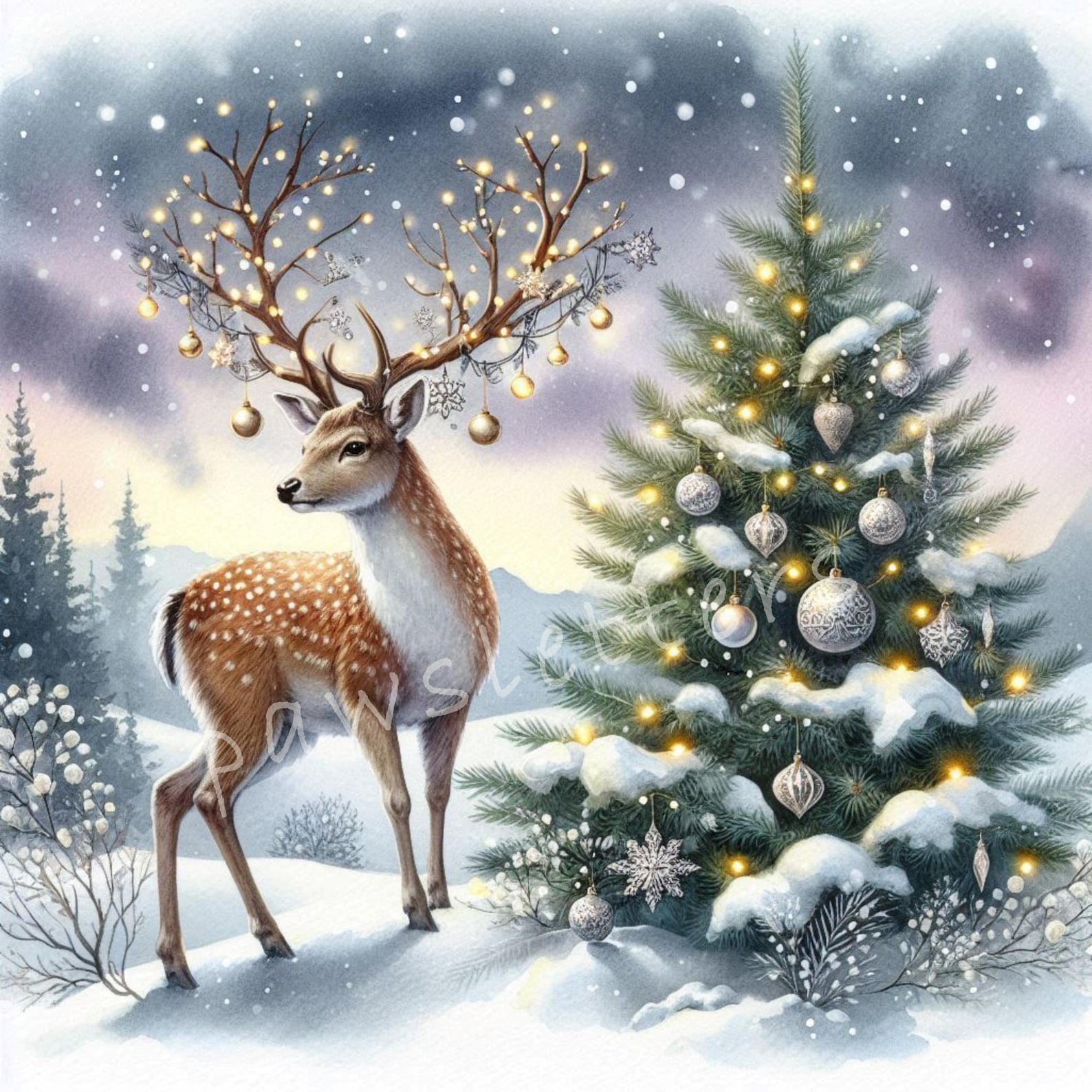 Woodland Christmas Deer Clipart 10 High Res Watercolor Jpgs Winter ...