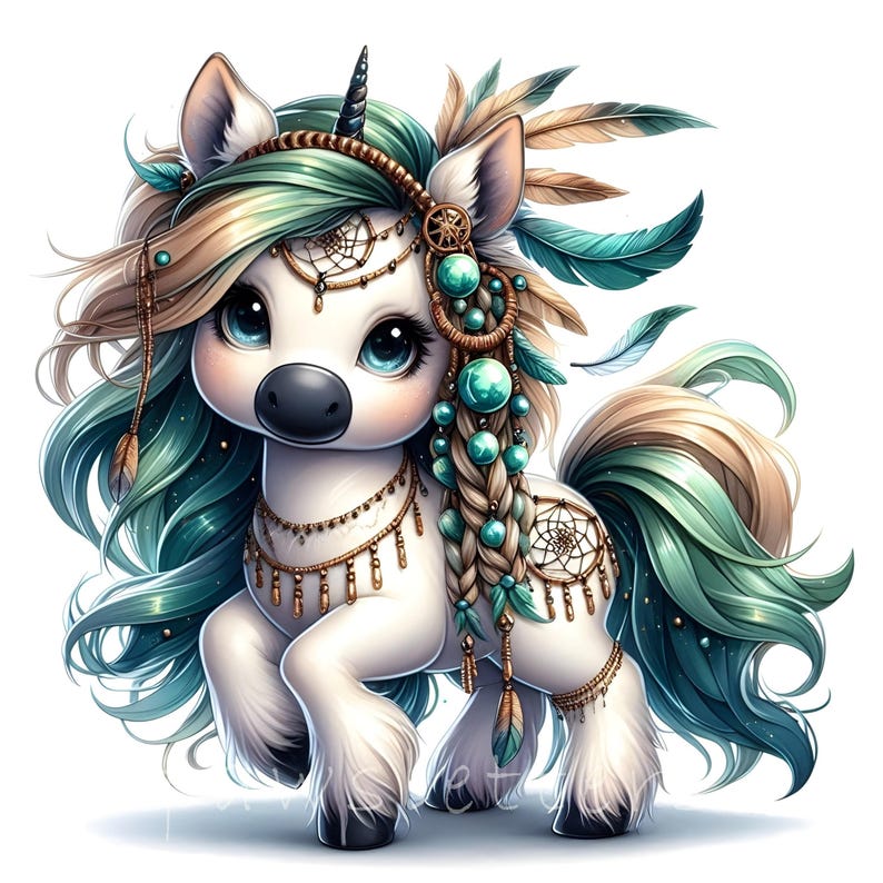 16 Magical Pony with Charms & Feathers Clipart: Nursery Scrapbooking ...